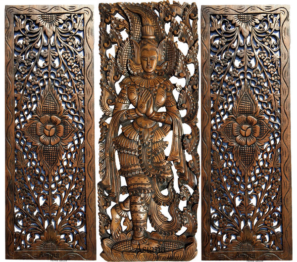 Multi Panels Oriental Bali Home Decor. Wood Carved Floral Wall Art. 35 ...