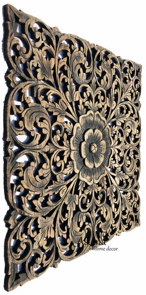 Asian Home Decor.Large Square Floral Wood Wall Hanging.Rustic Wood ...