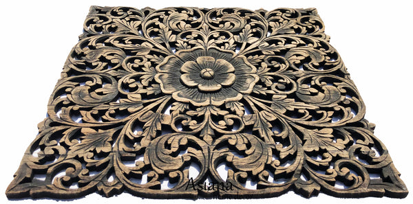 Asian Home Decor.Large Square Floral Wood Wall Hanging.Rustic Wood ...