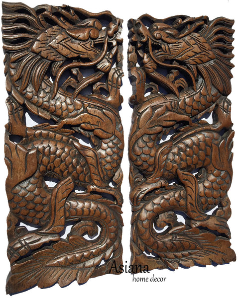 Chinese Dragon Carved Wood Wall Art Decor Panels. Asian Home Decor ...