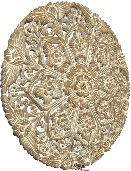 Oriental Round Carved Wood Wall Decor Lotus flower. Decorative Floral ...